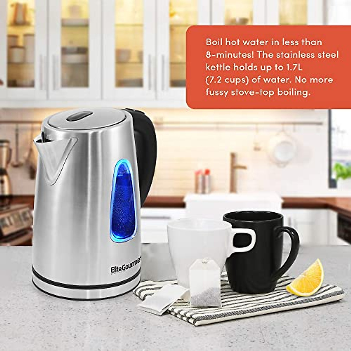 Elite Gourmet EKT-1271# Ultimate 1.7 Liter Electric Kettle – Stainless Steel Design & Cordless 360° Base, Stylish Blue LED Interior, Handy Auto Shut-Off Function – Quickly Boil Water For Tea & More