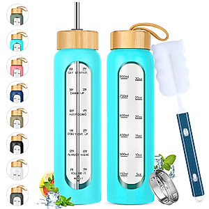 SipZest 32 oz Glass Water Bottles with Straw - Motivational Glass Water Bottle with Time Marker & Silicone Sleeve - Reusable Glass Tumbler Includes 2 Bamboo Lids & Fruit Infuser - 1 Pack