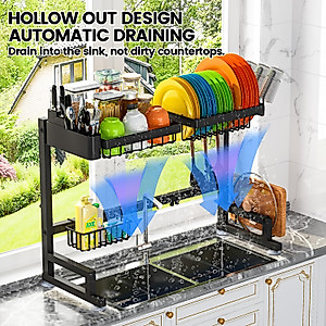 ADBIU 【Fit Sink 24.5"- 32" L】 2023 Version Over Sink Dish Drying Rack (Expandable Dimension) Snap-On Design 2 Tier Large Kitchen Dish Rack Stainless Steel Counter Organization and Storage
