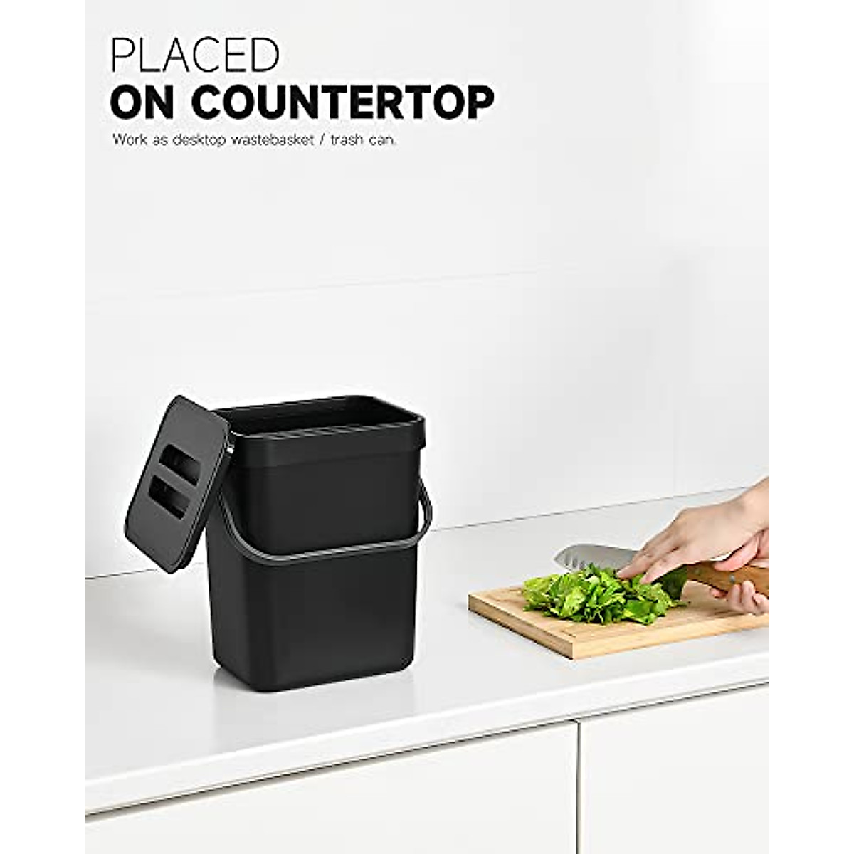 MONGTINGLU Countertop Compost Bin - 1.3 Gallons Hanging Small Trash Can with Lid for Kitchen Bathroom, Under Sink Kitchen Trash Can, Indoor Counter Compost Bucket with Lid, 5L(Black)