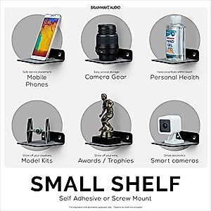 BRAINWAVZ 2-Pack 4” Small Floating Shelf Bluetooth Speaker Stand, Adhesive & Screw Wall Mount, Anti Slip, for Cameras, Baby Monitors, Webcam, Router & More, Universal Holder (SHELF11 Black)