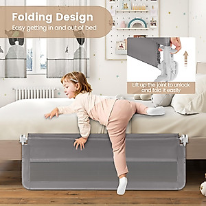 HONEY JOY Bed Rail for Toddlers, 59-in Extra Long, Portable Safety Bed Guardrail w/Double Safety Child Lock, Foldable Baby Bed Rail Guard, Fit King & Queen Full Twin Size Bed Mattress (2 Pack, Gray)