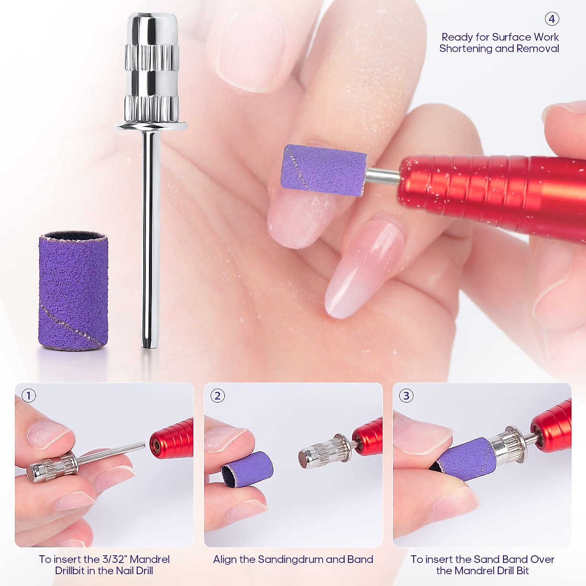 krofaue Sanding Bands Nail Drill Bits Professional Drill Bits Set for Nails 100pcs Sanding Bands Extreme Fine #180 Grits for Acrylic Nails Gel Manicures and Pedicure with 3/32" Mandrel Bit