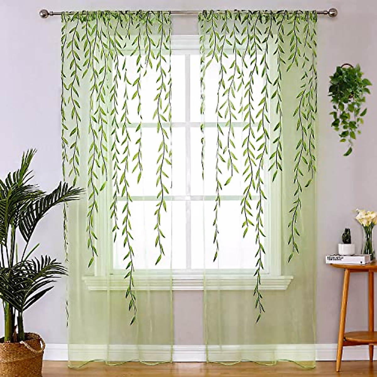 BROSHAN Green Sheer Window Curtain-Pocket Design Sheer Curtains Pretty Vine Curtain Single Panel Leaf Printed Curtain Sheers Voile Sheer Window Curtain Panels for Kids Bedroom Living Room Nursery