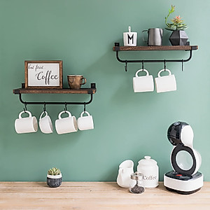 Mkono Mug Holder Wall Mounted Coffee Mug Rack Set of 2 Rustic Floating Shelf for Coffee Bar Accessories Wood Tea Cup Hooks Hanger for Organizing Cooking Utensils, Home Kitchen Decor