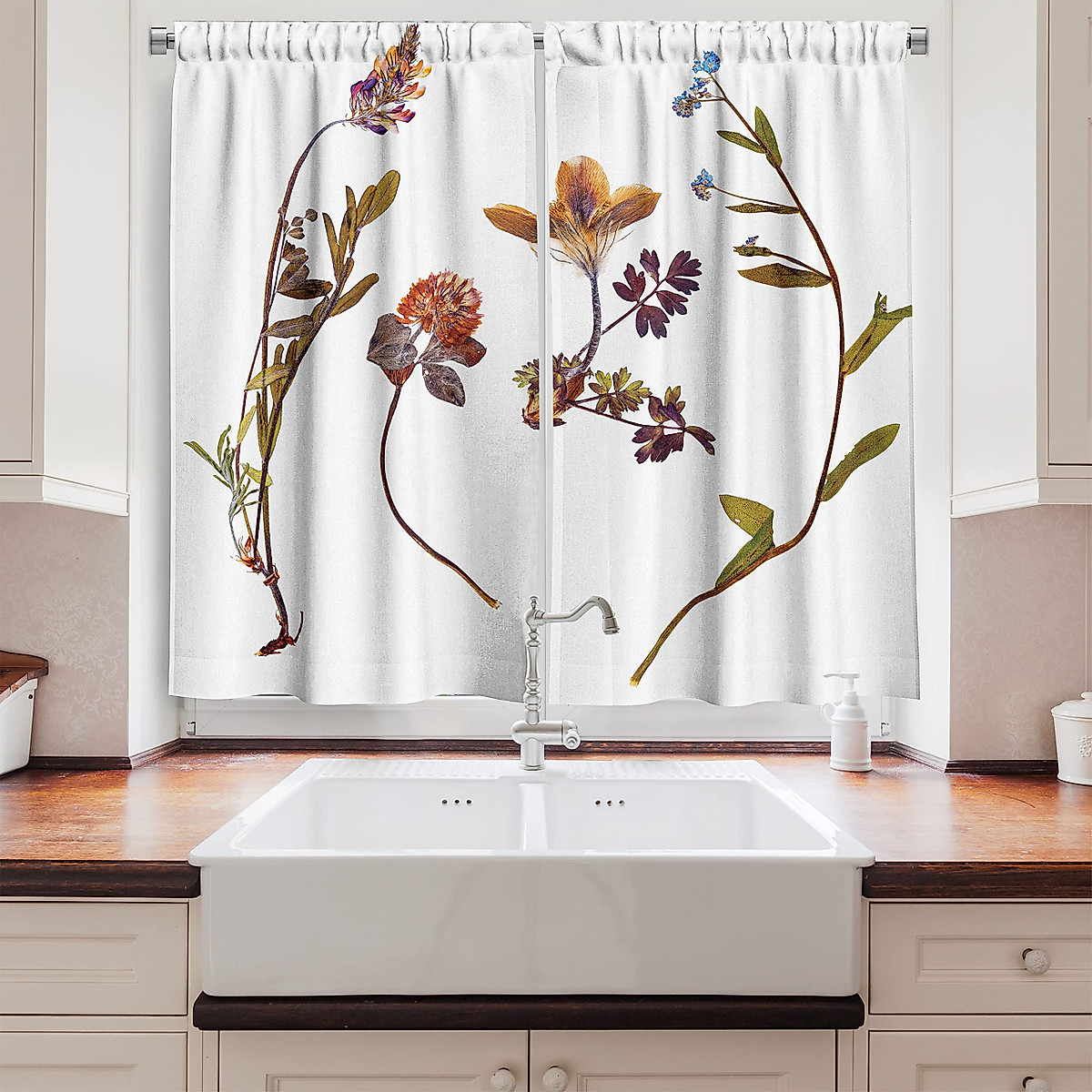 Ambesonne Flower Kitchen Curtains, Book Dried Flowers Lilacs Daisies Tulips Leaves Garden Plants Buds Art Print, Window Drapes 2 Panel Set for Kitchen Cafe Decor, 55" x 39", Sage Green
