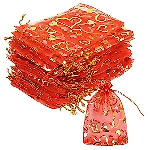 FOIMAS 100pcs Heart Organza Gift Bags,4x6 Inch Red Drawstring Jewelry Pouch Bag for Valentine's Day Wedding Party Favor