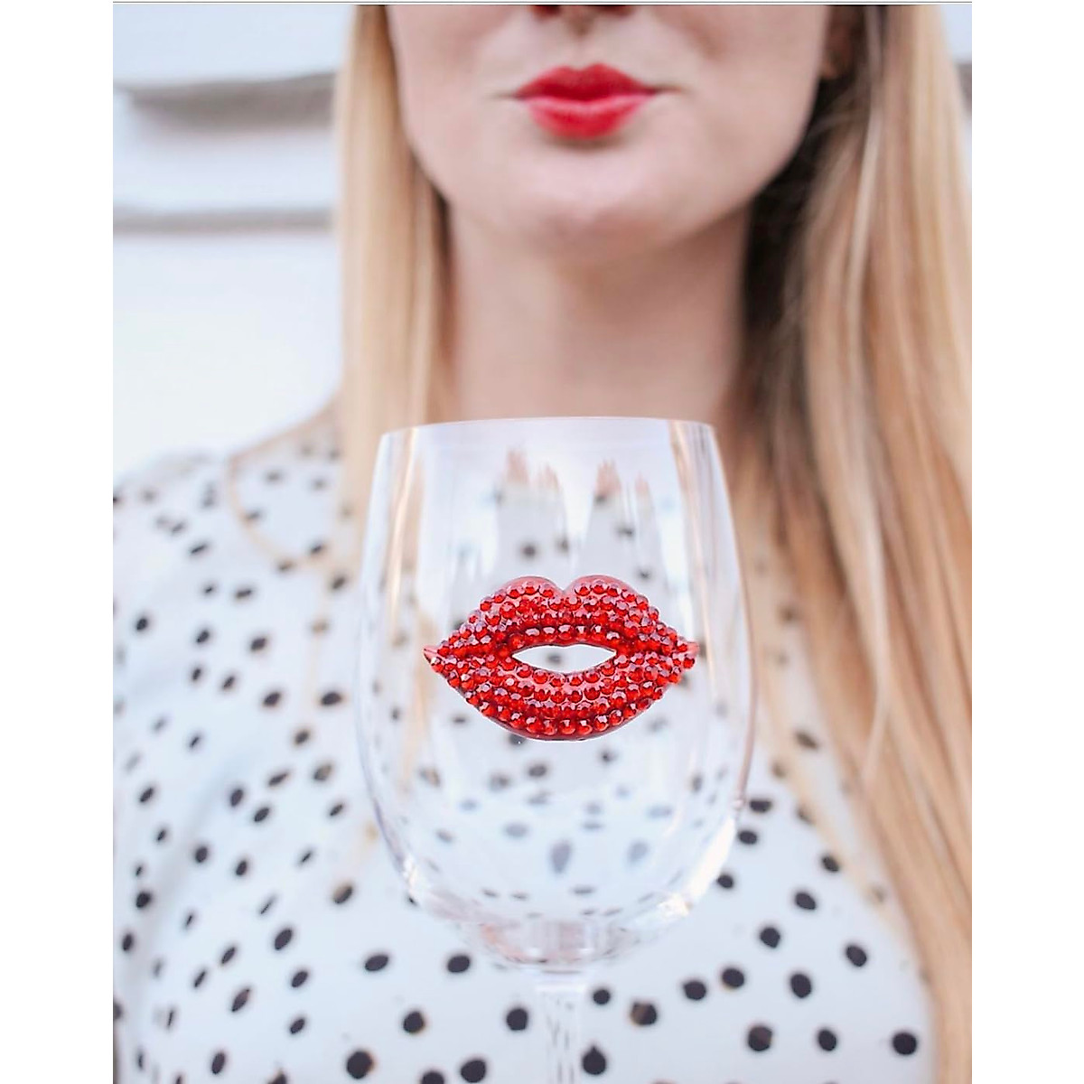 The Queens’ Jewels Red Lips Jeweled Stemmed Wine Glass, 21 oz. - Unique Gift for Women, Birthday, Cute, Fun, Valentine's Day