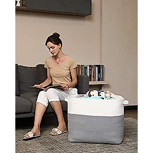 22"x14"x18" Mega Size Rectangular Extra Large Storage Basket, Cotton Rope Storage Baskets, Woven Laundry Hamper, Toy Storage Bin, for Toys Blanket in Living Room, Baby Nursery, Grey