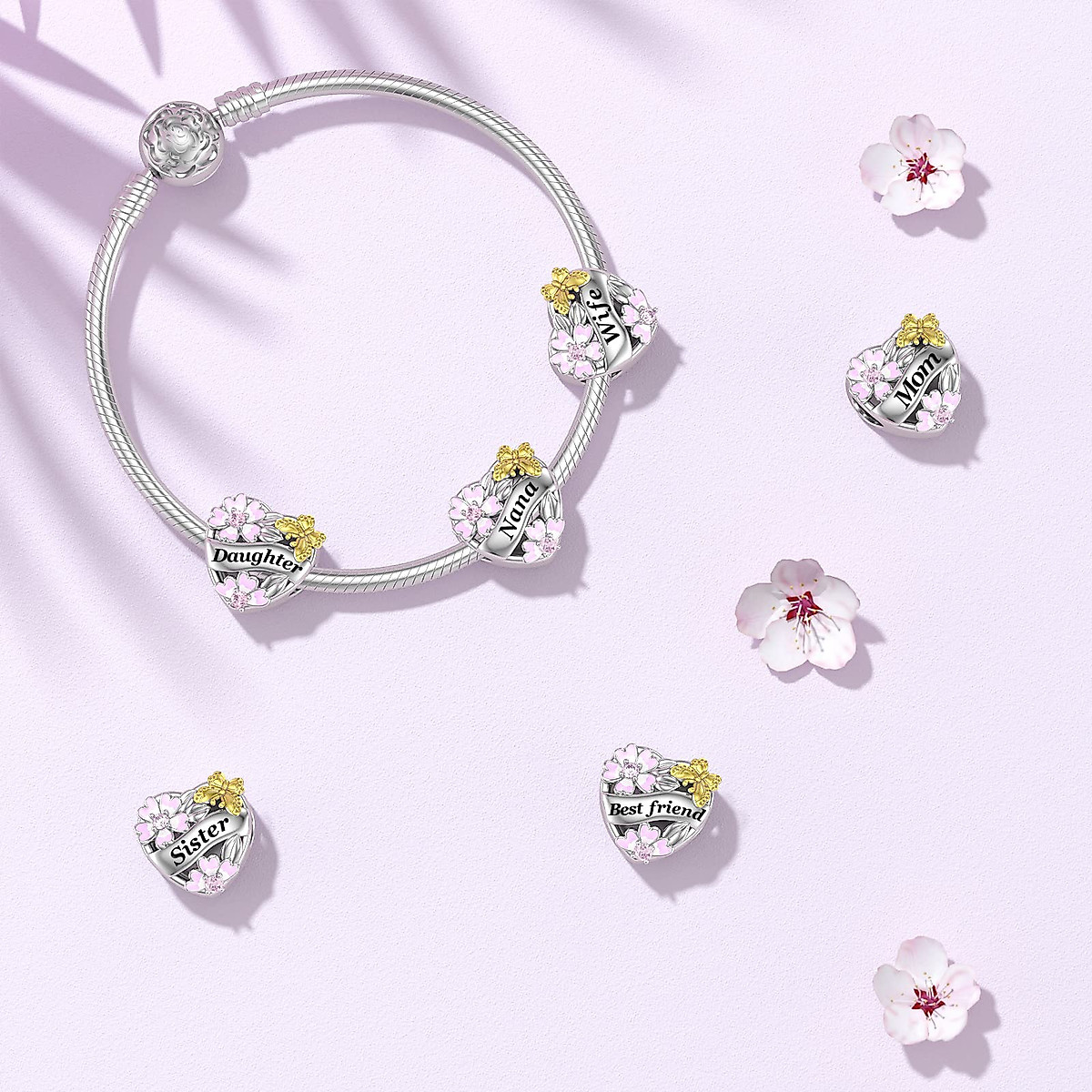 925 Sterling Silver Nana Charms for Pandora Charms Bracelet Grandma Heart Charm I Love You Moon and Back with Butterfly and Flower