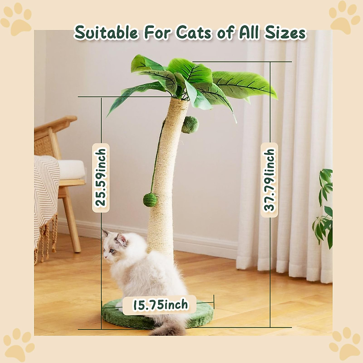Nineshi 37 Inches Cat Scratching Post, Large Cat Scratching Post, Sisal Scratcher with 3 Hanging Pompoms for Indoor Cats (Short Round Base)