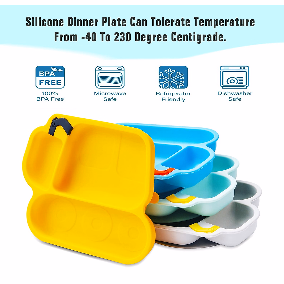 Baby Plate Silicone Divided, Suction Toddler Plates Dishes for Toddler Kids Self Feeding, BPA Free, Microwave & Dishwasher Safe (Bue)