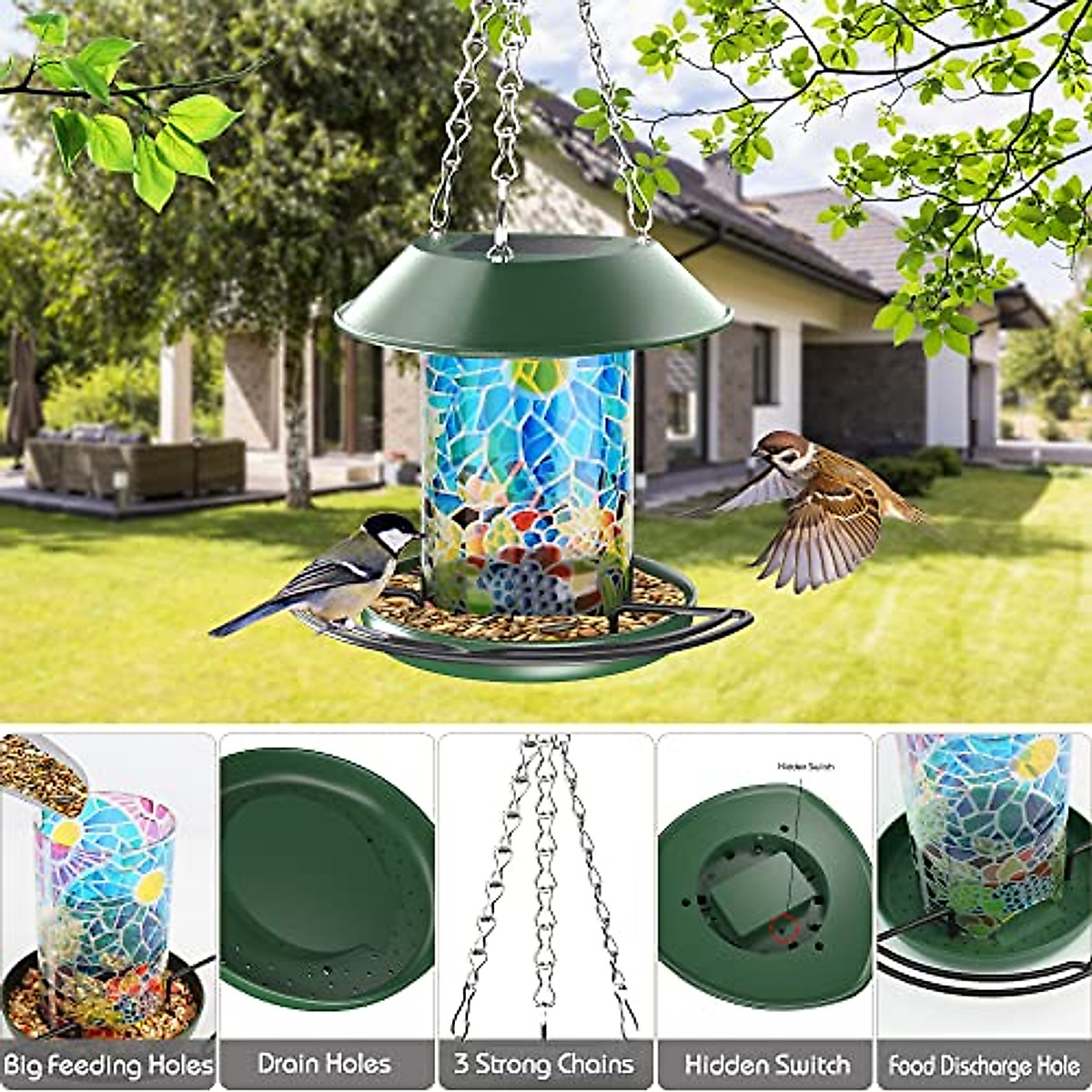 Solar Bird Feeder for Outside Hanging or Wall Mount, Waterproof Squirrel Proof Wild Birdfeeder Solar Powered Led Garden Backyard Lantern Decoration Light, Gifts for Bird Lovers