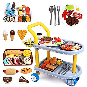 Kids Food cart Toy Sets,Kids Role Play Large Dining car Toys and 98pcs Food, Kitchen, Tableware Accessories., Educational Toys for 3+ Years Boys/Gir