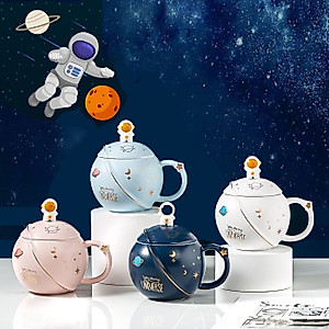 Hwagui Kawaii Astronaut Mug with Lid and Spoon, Handmade Cute Ceramic Cup for Coffee, Tea, Milk, Water, Space Mug Novelty Gift Dark Blue 450ml/15oz