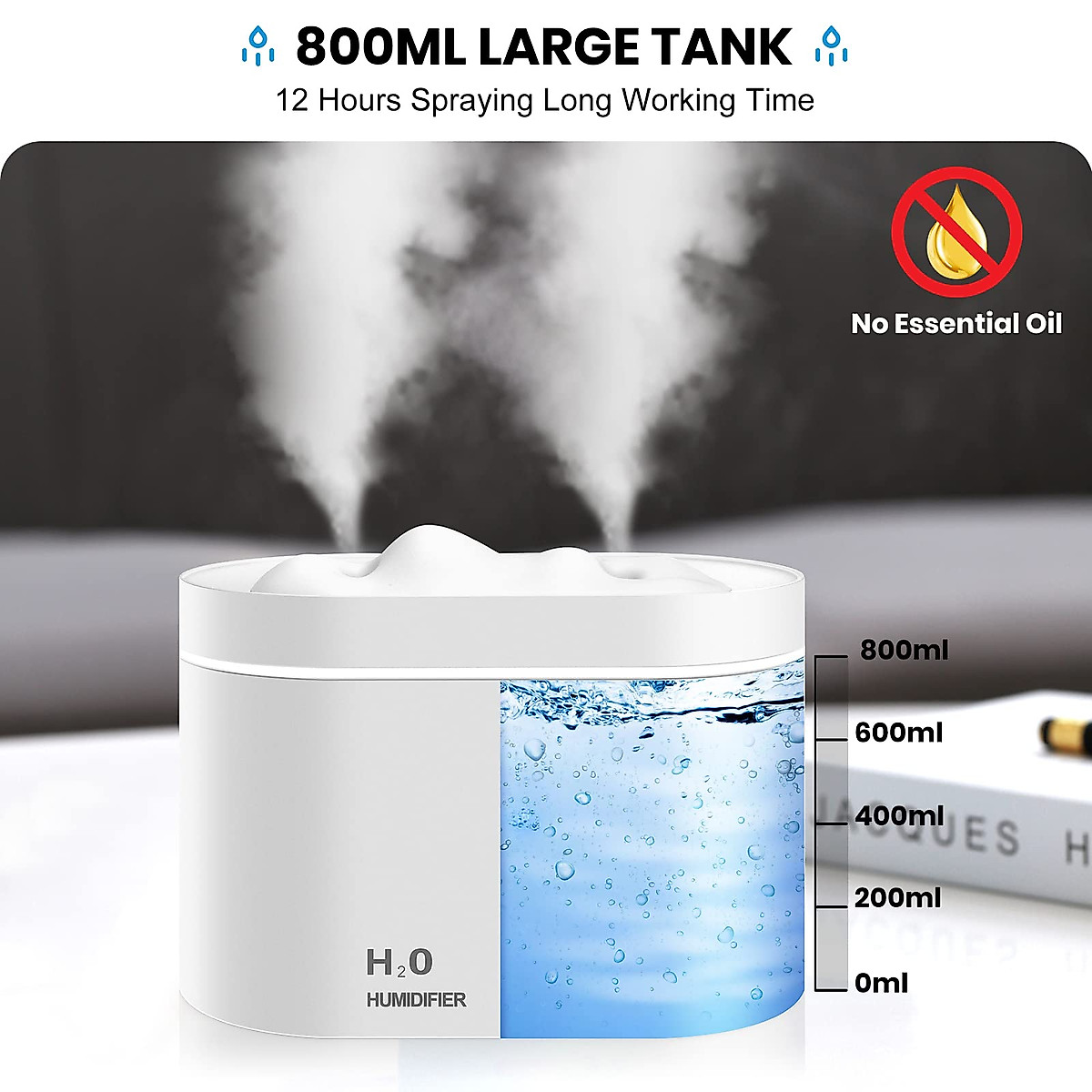 Mini Humidifier, 800ml Small Plant Humidifier, Portable Cool Mist Humidifiers for Bedroom, Personal Desk Humidifier for Baby Office Home, Auto Shut Off, Dual Nozzle Design, Super Quiet, White