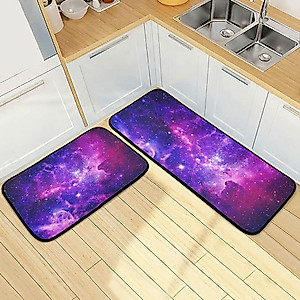 Galaxy Starry Sky Purple Kitchen Rugs and Mats 2 Pieces Anti Fatigue Kitchen Rug Set Non-Slip Bath Mat Entry Floor Carpet Entrance Door Mat Runner 20"x28"+20"x47"