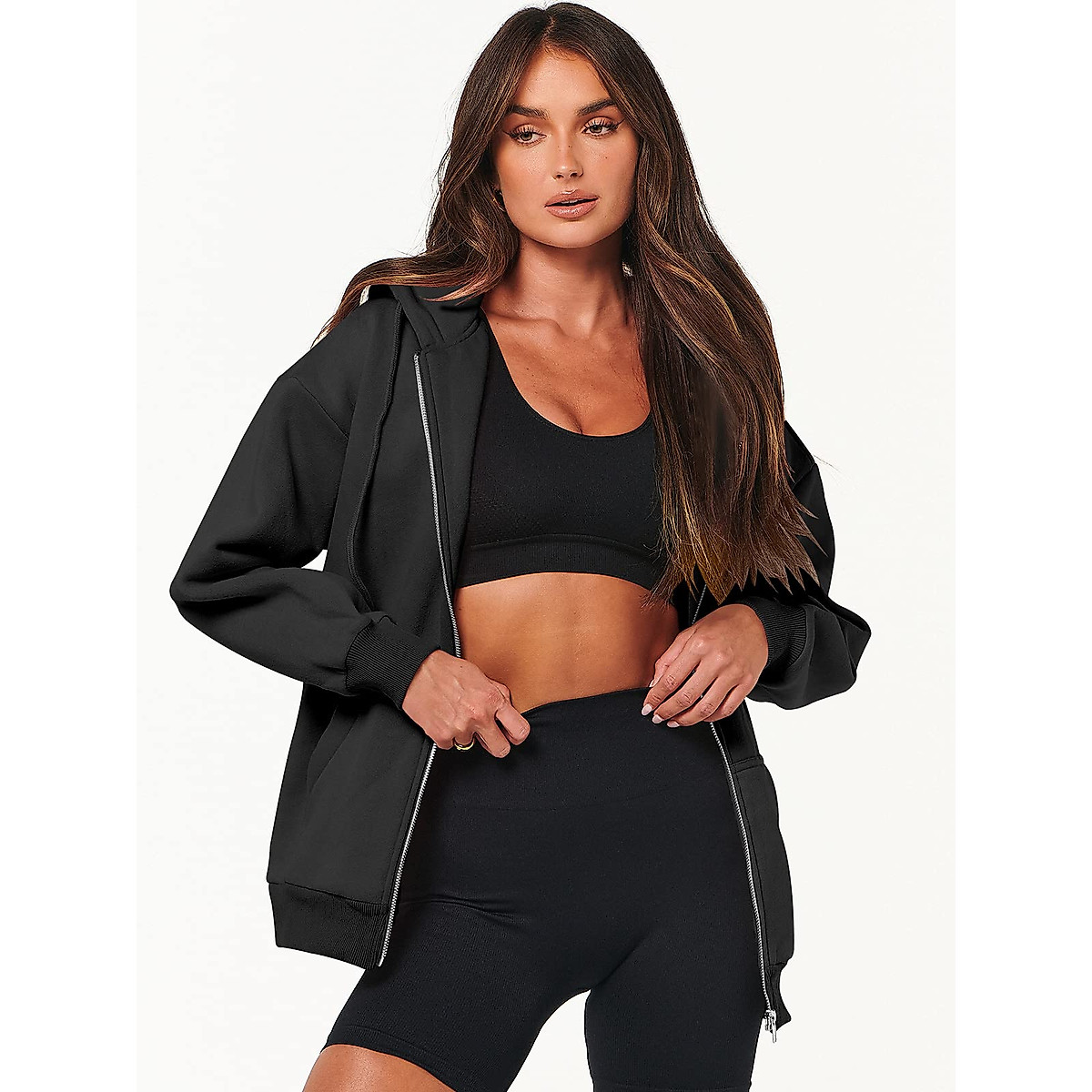 ANRABESS Womens Zip Up Hoodies Long Sleeve Oversized Sweatshirts Fleece Y2K Jacket Pockets 2025 Fall Outfits Fashion Clothes Black Large