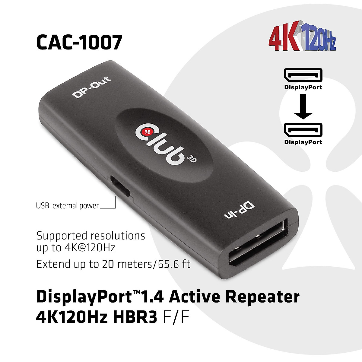 Club 3D DisplayPort 1.4 Active Repeater 4K120Hz HBR3 F/F - 65.62 ft Maximum Operating Distance - DisplayPort - USB,CAC-1007