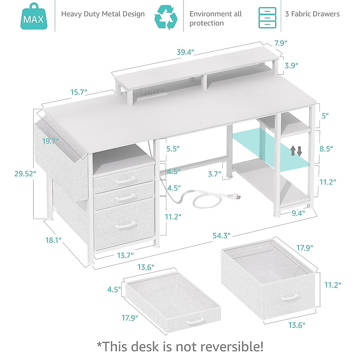 Lufeiya White Computer Desk with File Drawers Cabinet, 55 Inch Home Office Desk with Monitor Stand Shelves, Writing Study Gaming Desks with Led Lights and Power Outlets for Bedroom, White