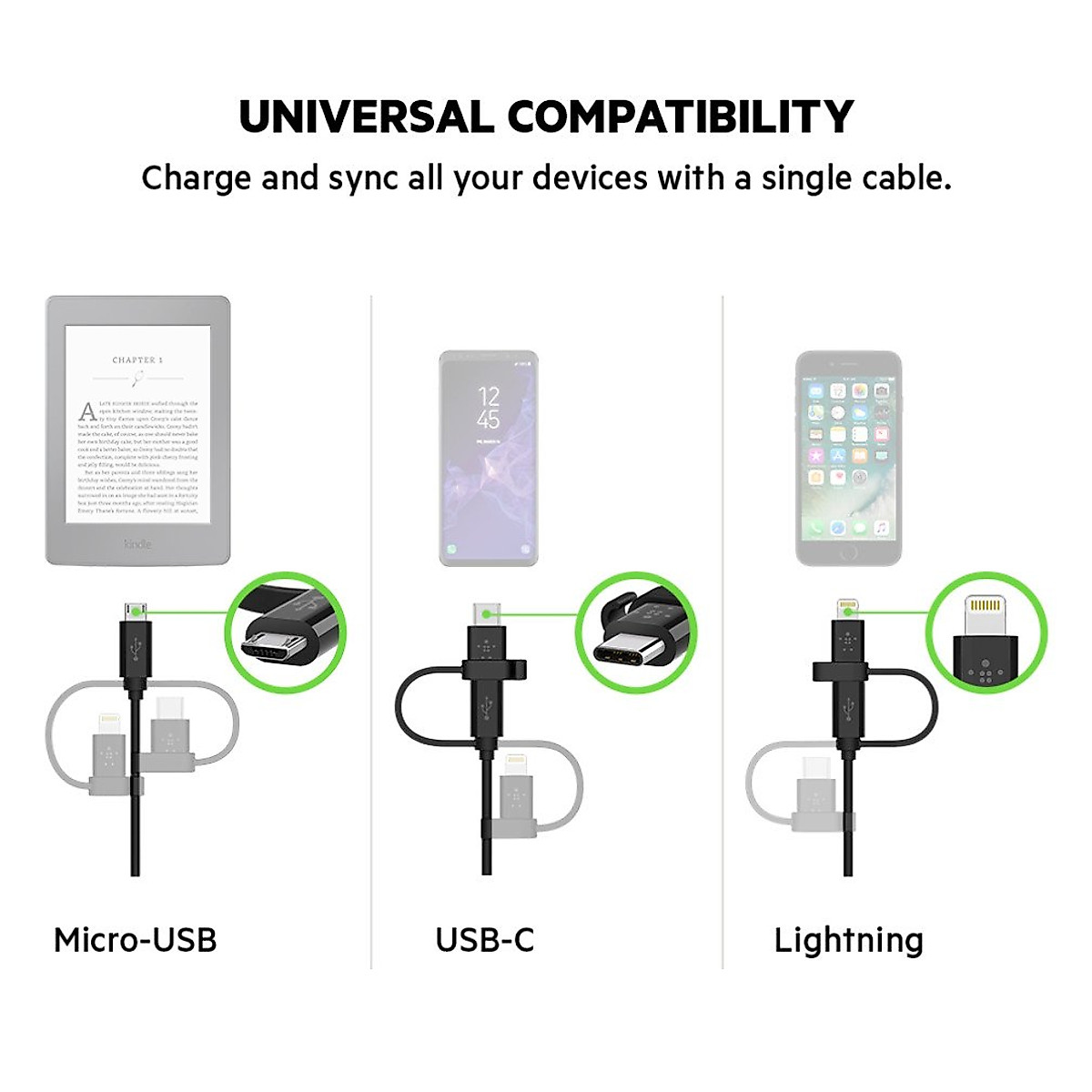 Belkin 3-in-1 Universal USB Cable - USB-C Cable, Lightning Cable, Micro-USB Charging Cable - Apple Charging Cord - Belkin Boost Charge - Belkin Charger Designed For iPhones, iPads, Galaxy & More