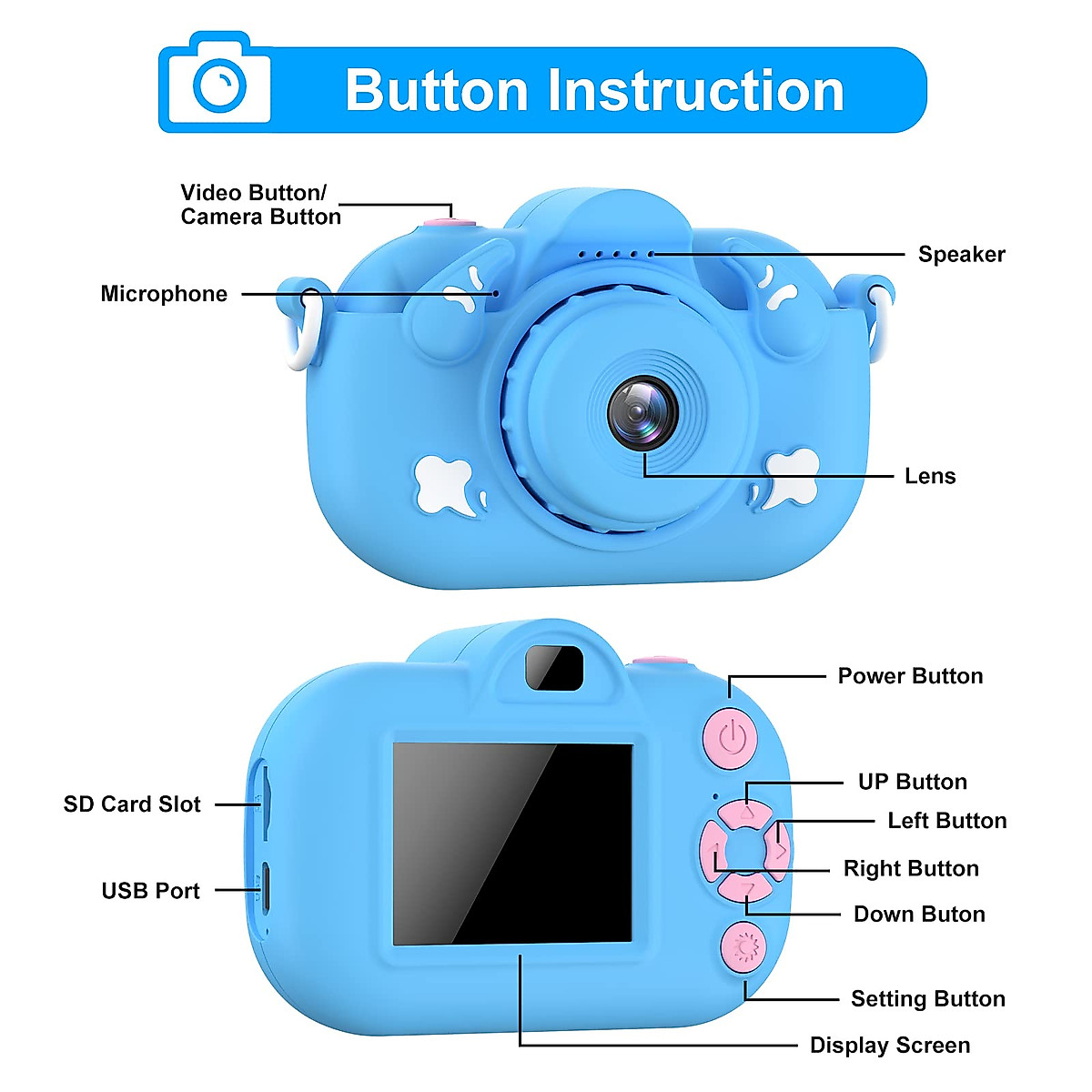 WEDNKOLY Upgrade Selfie Kids Camera, Christmas Birthday Gifts for Boys Girls Age 3-9, HD Kids Digital Video Camera for Toddler Portable Toy for 3 4 5 6 7 8 Years Old Girl - Blue