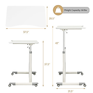 COSTWAY Mobile Height Adjustable Standing Desk, Compact Pneumatic Sit to Stand Computer Desk w/Lockable Casters, Ergonomic Rolling Laptop Table w/Steel Frame for Home Office (White)