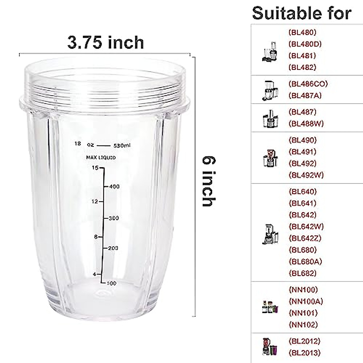 Ninja Blender Cups, Ninja Blender Cups Replacement, Ninja Replacement Cups for BL480 BL490 BL640 BL680 Auto IQ Blender, 18 oz