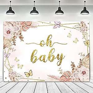 Ufeela Oh Baby Pink Floral Backdrop 7Wx5H Feet Fabric Polyester Baby Shower for Girl Plant Pampas Grass with Gold Purple Butterfly Newborn Photography Background Banner Photo Shoot Decor Props