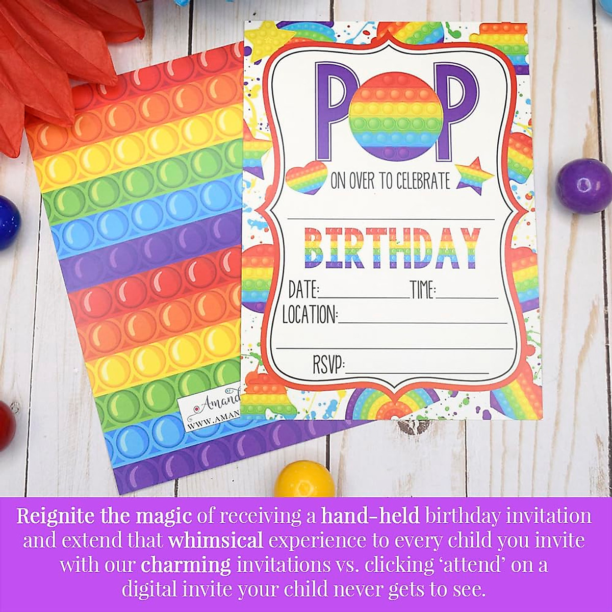 Pop On Over Popper Toy Fidget Themed Birthday Party Invitations for Kids, 20 5x7 Fill In Cards with Twenty White Envelopes by AmandaCreation