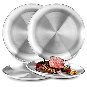Fasmov 8 Pack 8 inches 18/8 Stainless Steel Plates, Metal 304 Dinner Dishes Serving Camping Plates for Picnic Outdoor Camping, Reusable and Dishwasher Safe