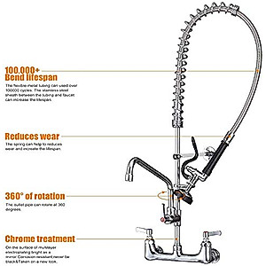 MSTJRY Commercial Sink Faucet with Pre Rinse Sprayer: 35"Height 8"Adjustable Center 12"Swivel Spout Wall Mount Pre Rinse Faucet-Perfect for 2/3 Compartment Sink (Polished Chrome,Stainless Steel&Brass)