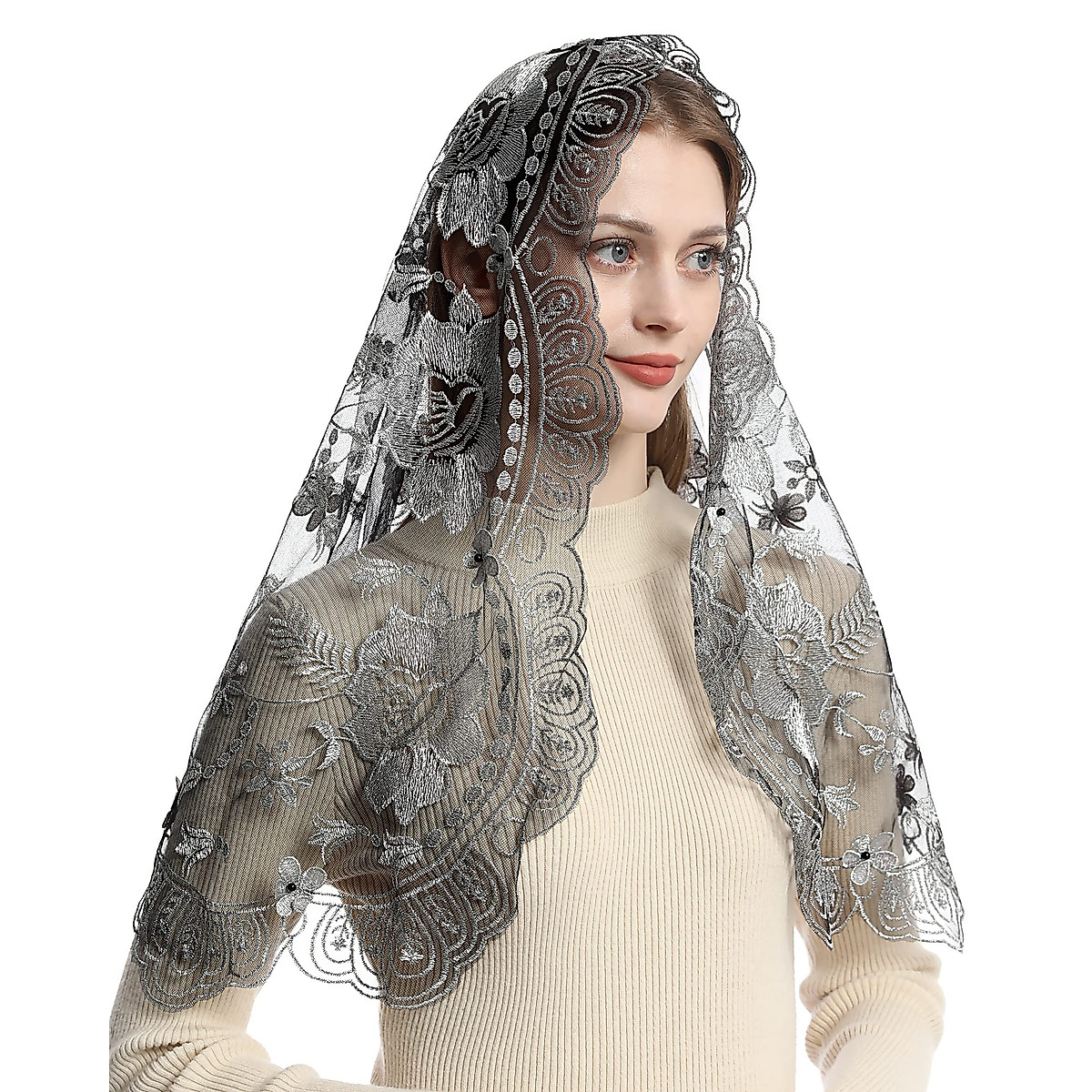 Bozidol Catholic Chapel Mantilla Veil Floral Embroidery Spanish Lace Scarf Church Mass Veil for Women (Sliver Black)