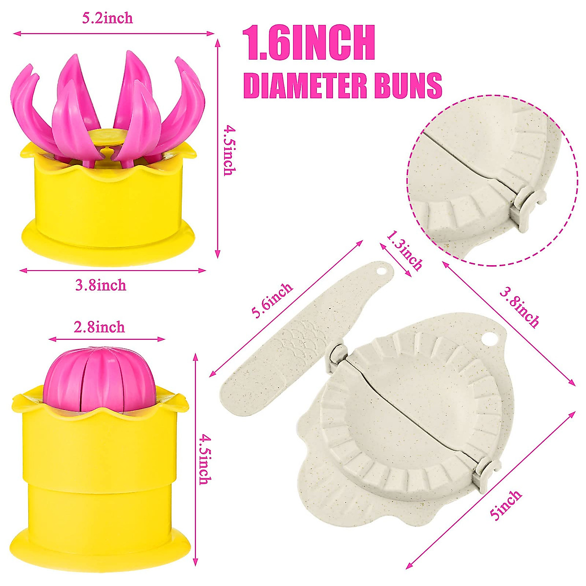 5 Pieces Bun Maker Bun Dumpling Maker Steam Filled Plastic Mold and Filling Spoon Cooking Tool Set for Kids Learning to Make Delicious Bun and Dumplings(Yellow, Pink, Beige)