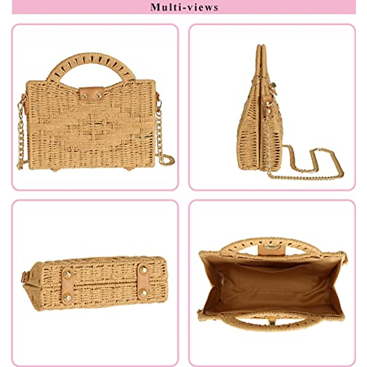 TaiGuri Women's Handmade Straw Rattan Woven Chain Strap Purse Handbag Tote Shoulder Bag Khaki