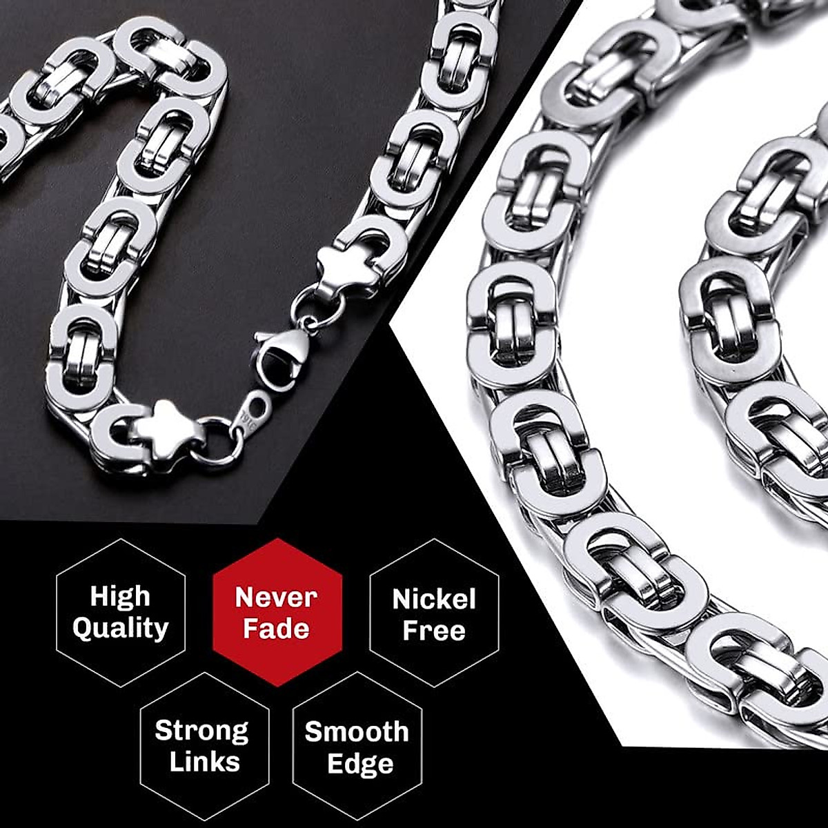 Flat Byzantine Necklace 10mm 28inch Long Stainless Steel Mens Metal Heavy Byzantine Link Chain Male
