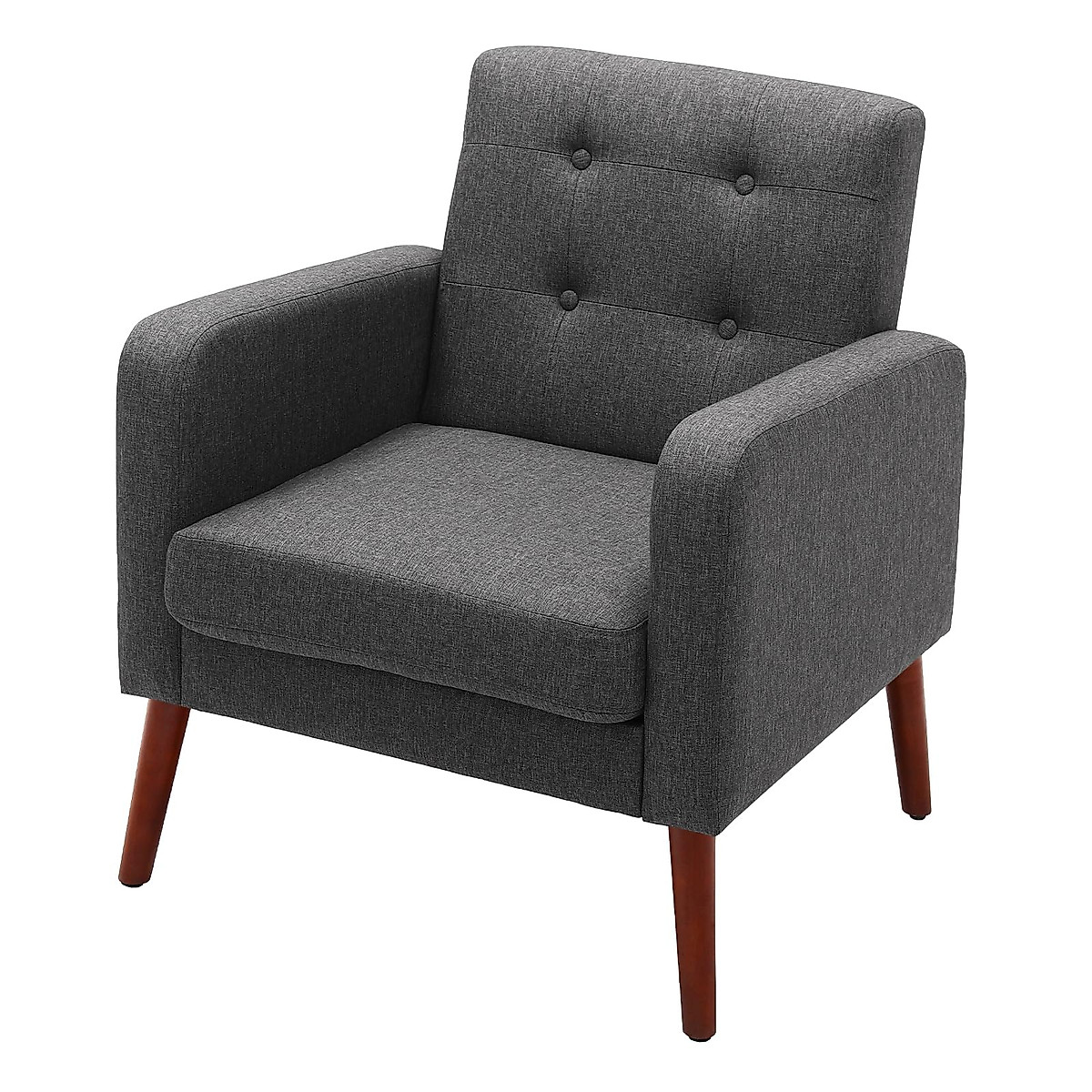 Furniliving Mid Century Modern Arm Chair, Button-Tufted Upholstered Accent Chairs for Bedrooms Living Room Chair with Solid Wood Legs Linen Fabric Comfy Lounge Chair, Dark Grey