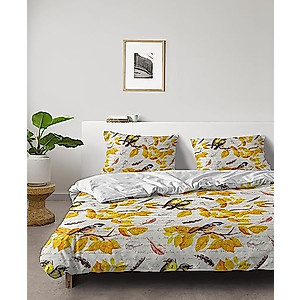 Bird Autumn Orange Leaves Feathers Seamless Duvet Cover Sets 4 Piece Full Ultra Soft Bed Quilt Cover Set for Kids/Teens/Women/Men,Country Pastoral Retro Envelope Bedding Collection All Season Use
