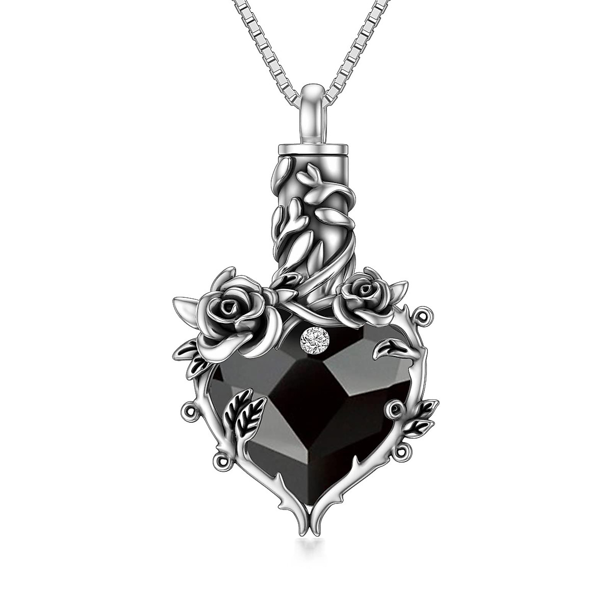 TOUPOP Rose Urn Necklace for Ashes 925 Sterling Silver Cremation Jewelry for Women with Black Heart Crystal w/Funnel Filler Ash Holder Necklace Pendant Funeral Keepsake Memorial Jewellery