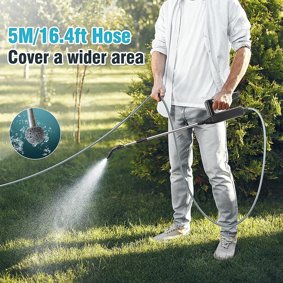 SideKing Battery Powered Sprayer Wand, 23.6inch Electric Sprayer Telescopic Watering Wand with 16.4FT Hose, Rechargeable and Portable Spray Wand for Gardening (3 Nozzles)
