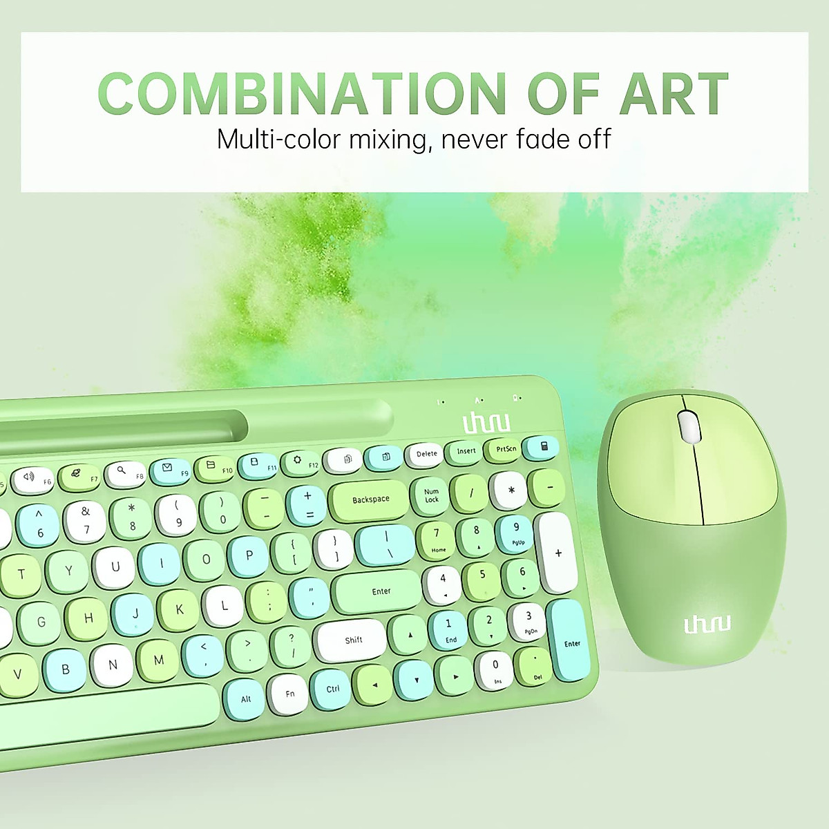 UHURU Colorful Wireless Keyboard and Mouse Combo - Computer Keyboard with Phone Holder, 2.4GHz Full-Sized Cute Green Keyboard and Mouse Set for Windows, Laptop, PC, Notebook - Green