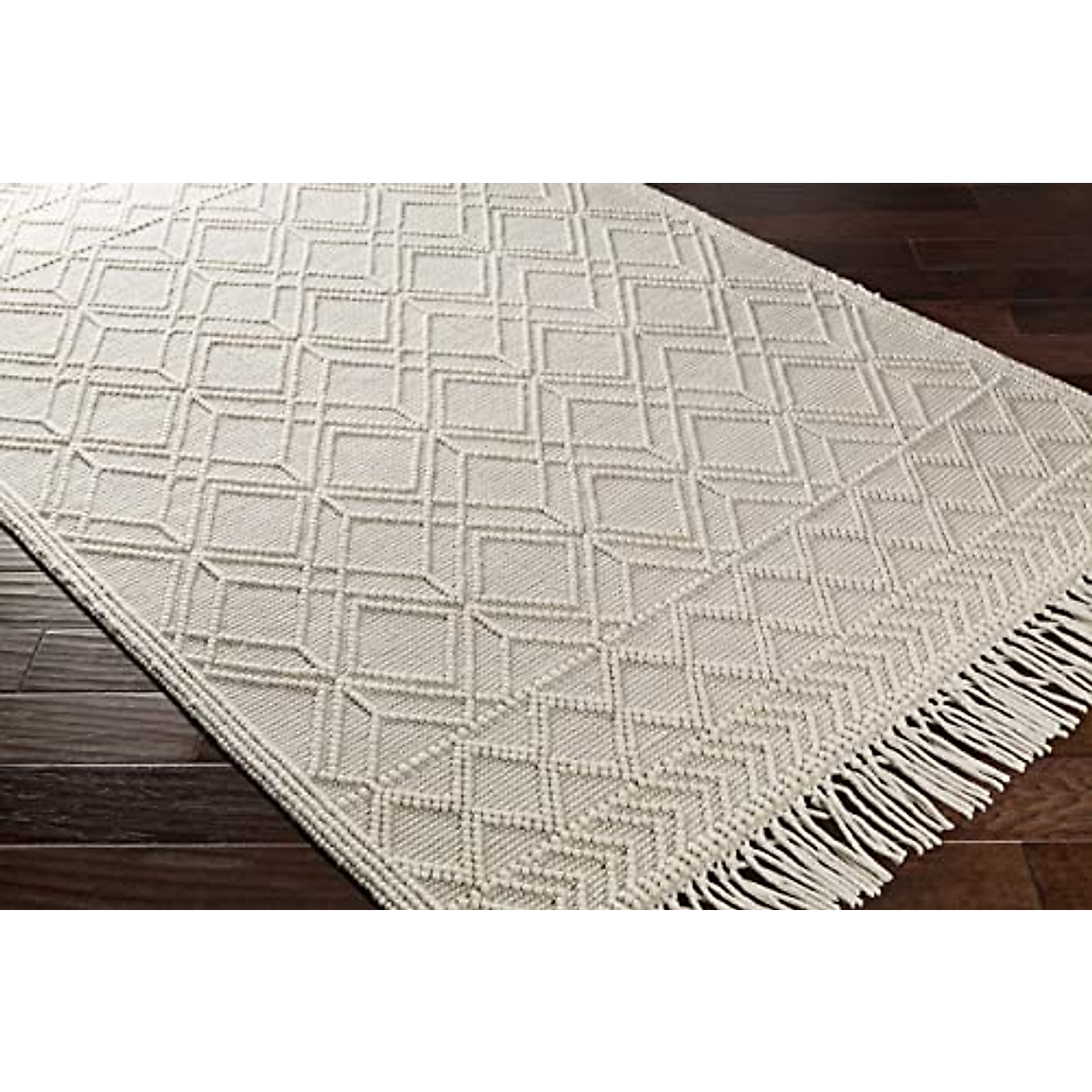 Leonardtown Moroccan Farmhouse Living Room Bedroom Wool Area Rug with Tassel - High Low, Wool - Moroccan Trellis - Hand Woven, Handmade, Beige, Grey, Light Brown - 5' x 7'6"