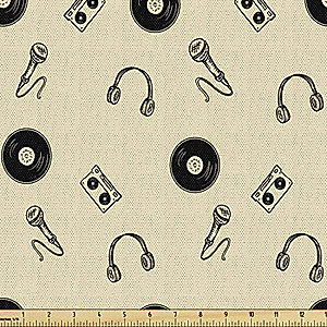 Ambesonne Music Fabric by The Yard, Retro Records Headphones Microphones Casette Tapes Melody in Sixties Graphic Art, Decorative Fabric for Upholstery and Home Accents, 1 Yard, Black Cream