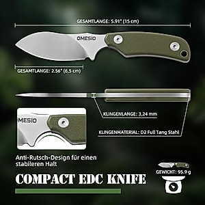 Omesio Neck Knife, Full Tang EDC Knife Necklace for Men, 5.82" Fixed Blade Knife with Kydex Sheath and Clip, Nessmuk Blade Small Knife D2 Steel G10 Handle for Outdoor, Survival, Camping