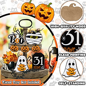 Guoofu Halloween Tiered Tray Decor, Farmhouse Tray Decorations, Funny Boo Ghost Mummy Pumpkin Wooden Signs, Halloween Scary Home Decor for Tabletop Shelf Mantel Party