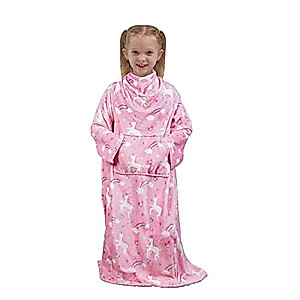 Wearable Fleece Blanket with Sleeves & Foot Pocket for Kids Boys Girls Children,Lightweight Soft Blanket with Sleeves and Hook & Loop 48" x 48" Pink Unicorn