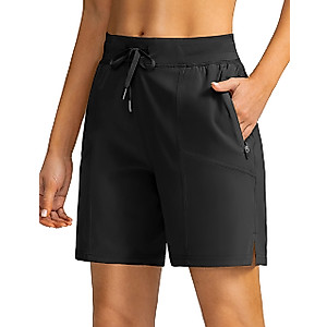 Soothfeel Women's Hiking Cargo Shorts with 4 Pockets 7 Inch Long Quick Dry Athletic Golf Shorts for Women Casual Summer (Black, XL)