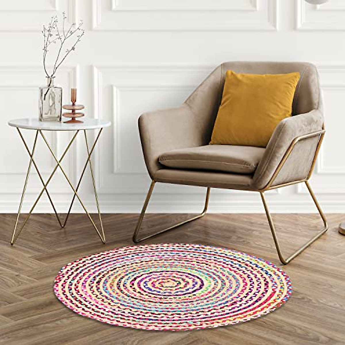 INDIAN ARTISTIC Jute Cotton Multi Chindi Round Rag Rug 3X3' | Hand Woven Rug & Reversible Rug | Cotton Rag Rug | Handmade Multicolored Reversible Braided Rag Rug | Runner Rugs (Round Shape)