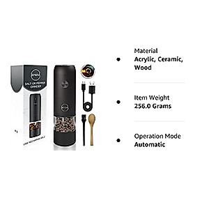 Electric Pepper Grinder - Rechargeable Salt Pepper Mill, LED Lights Black Automatic Pepper Salt Mill Grinder Refillable, Adjustable Coarseness Shaker, One Hand Operation (1 Pack)