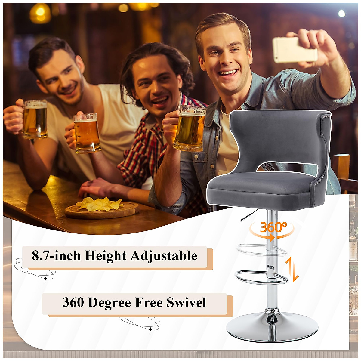 ABET Adjustable Bar Stools Set of 2, Velvet Swivel Counter Barstools with Hollow Back Footrest Soft Upholstered Bar Chairs for Kitchen Island Dining Room Home Bar Bistro, Grey, Chrome Base